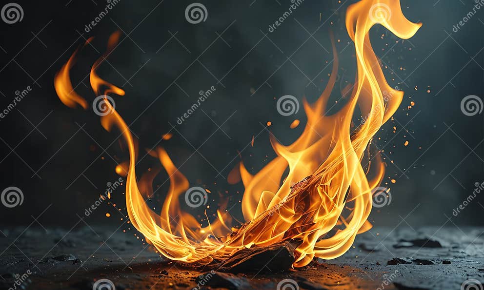 Large, Intense Fire Burns on Dark Surface, Casting Dramatic Shadow and ...