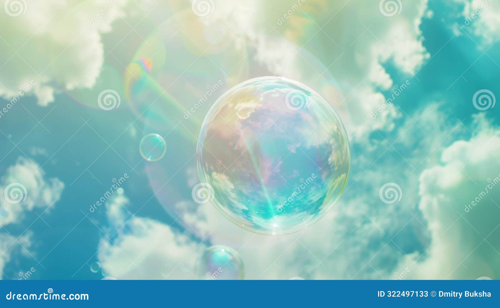 A Large, Iridescent Bubble Floats in a Blue Sky with Fluffy White ...