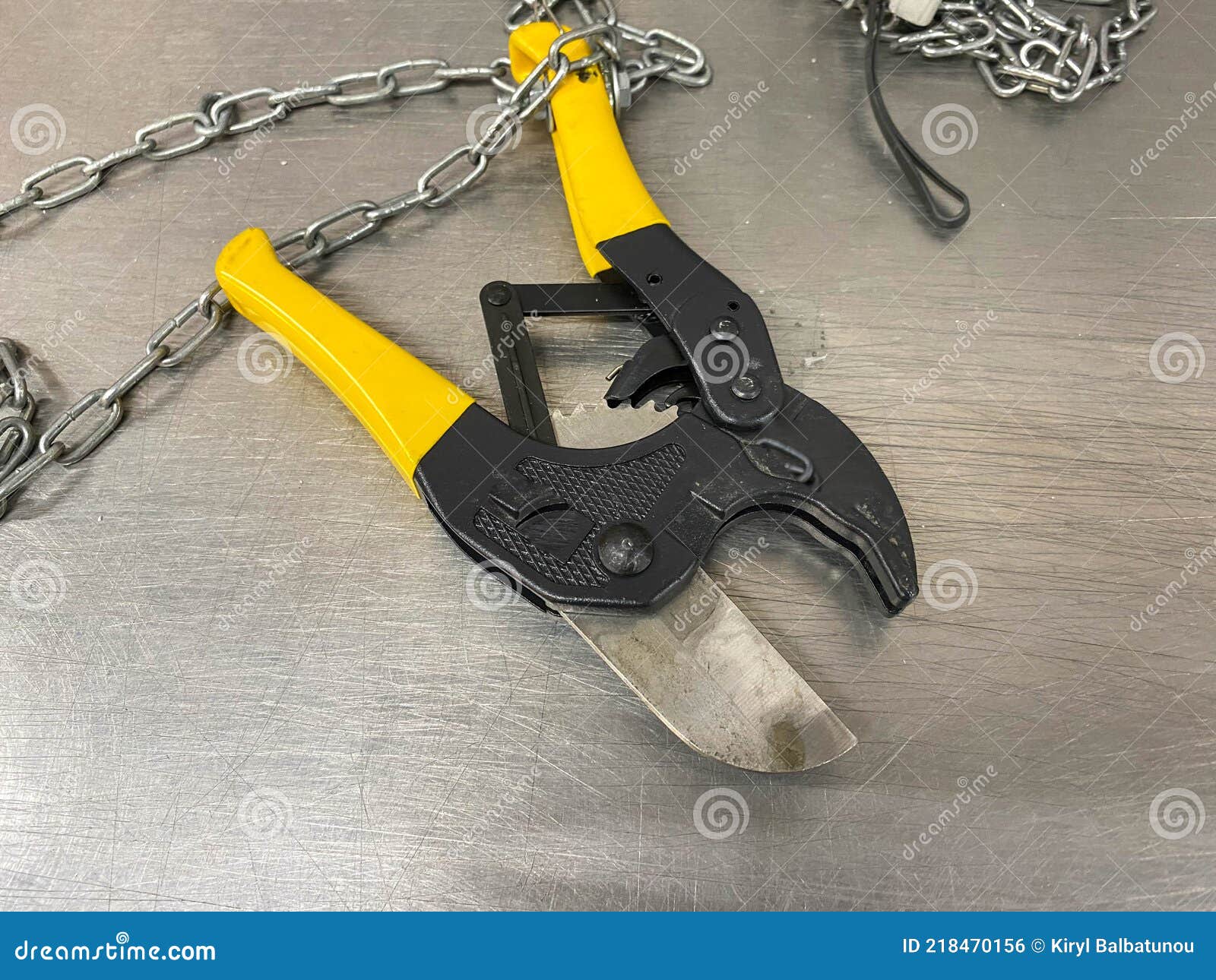 Large Iron Sharp Metal Scissors, Metal Cutters with Chains, Lie on an ...