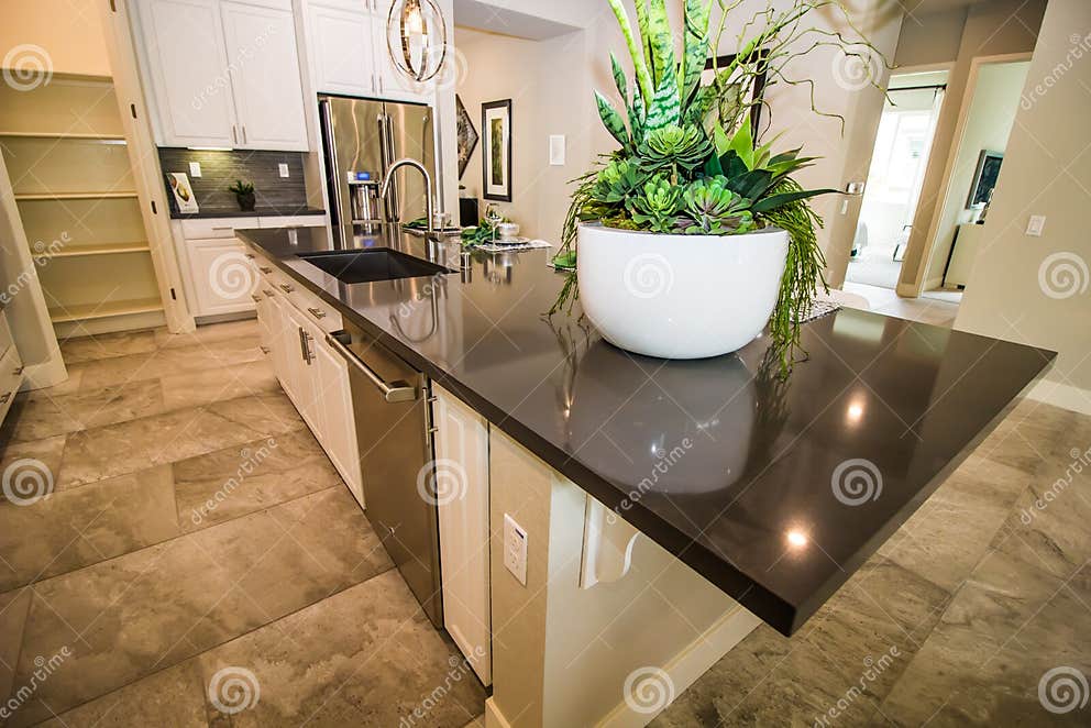 Large Island Kitchen Counter in Modern Kitchen Stock Image - Image of ...