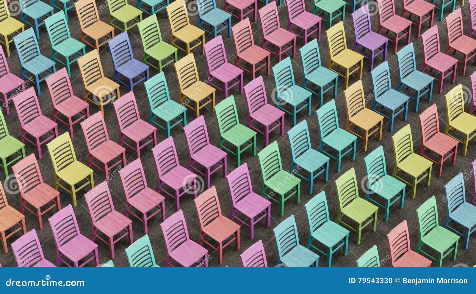 Large Isometric Colorfully Stained Array of Wooden Chairs Facing ...