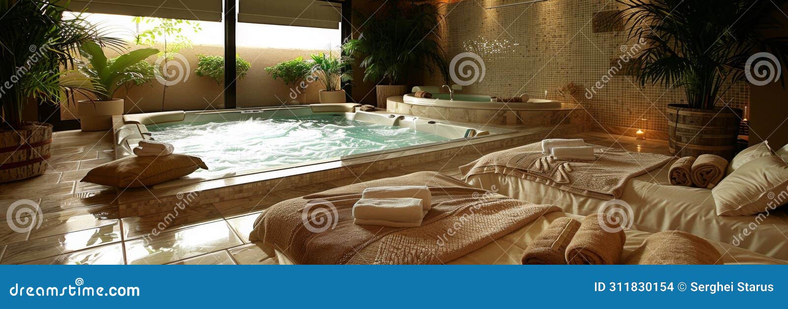 A Large Jacuzzi Tub in a Room with Two Beds, AI Stock Photo - Image of ...