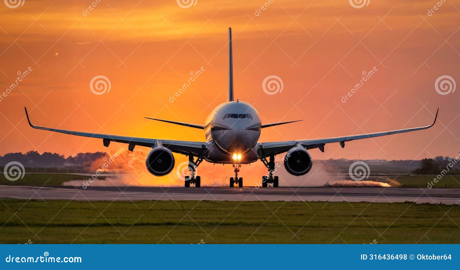 A Large Jet Airliner Takes Off From An Airport Runway At Sunset Or Dawn