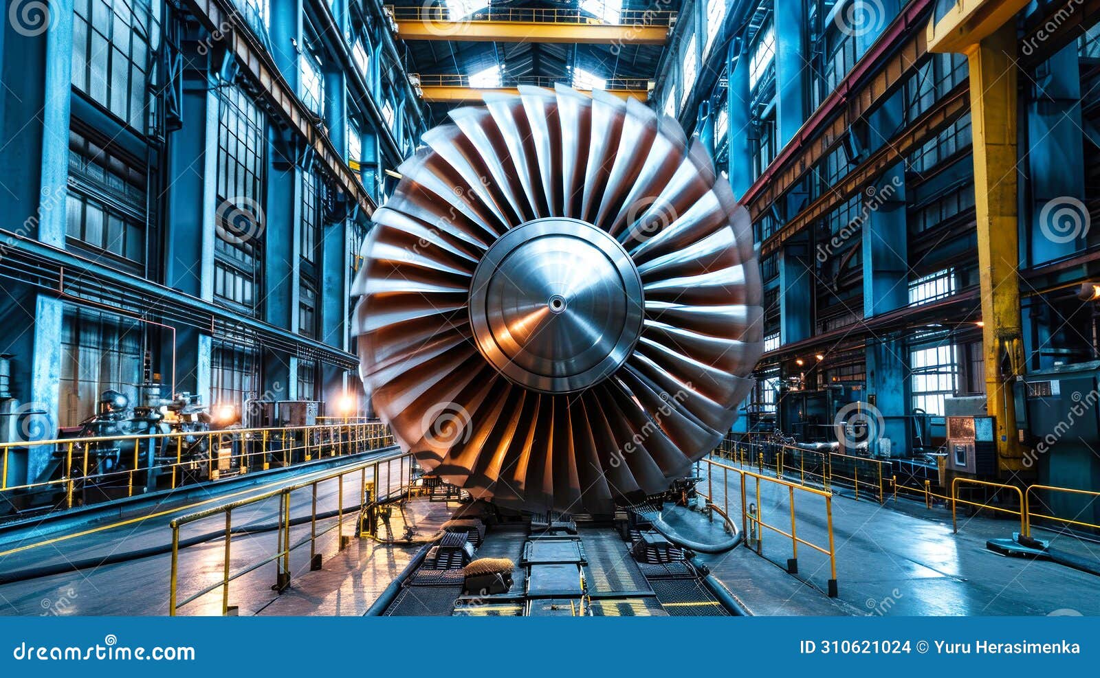 Large Jet Engine Displayed in Factory Workshop Stock Illustration ...