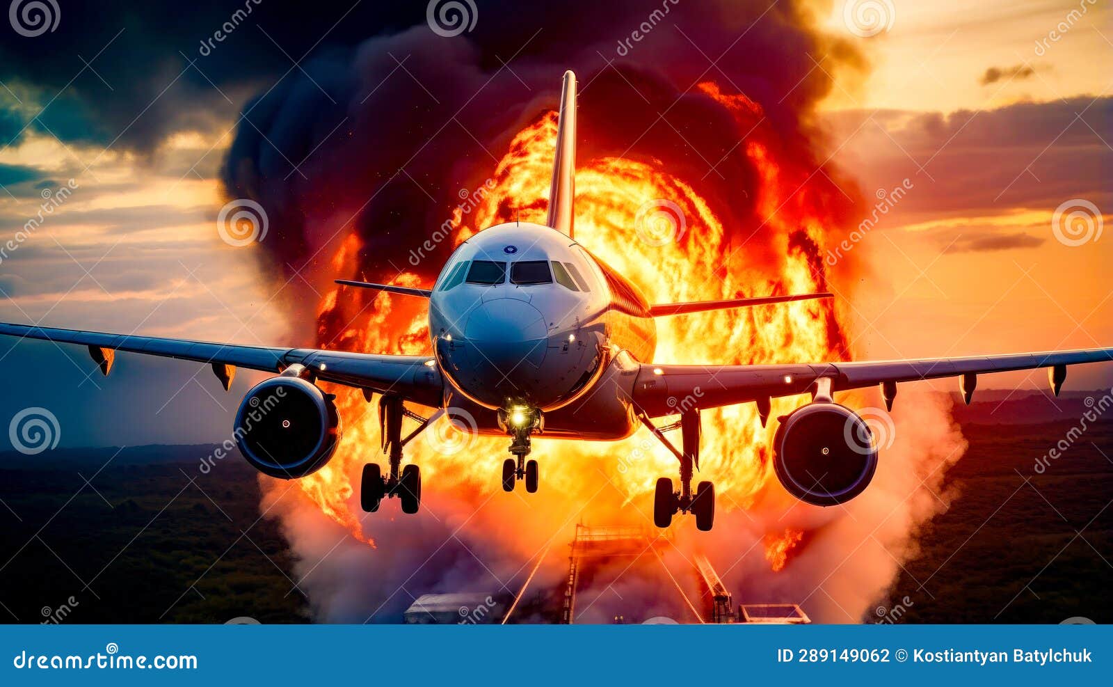 Large Jetliner Flying through Fire Filled Sky Next To Runway ...