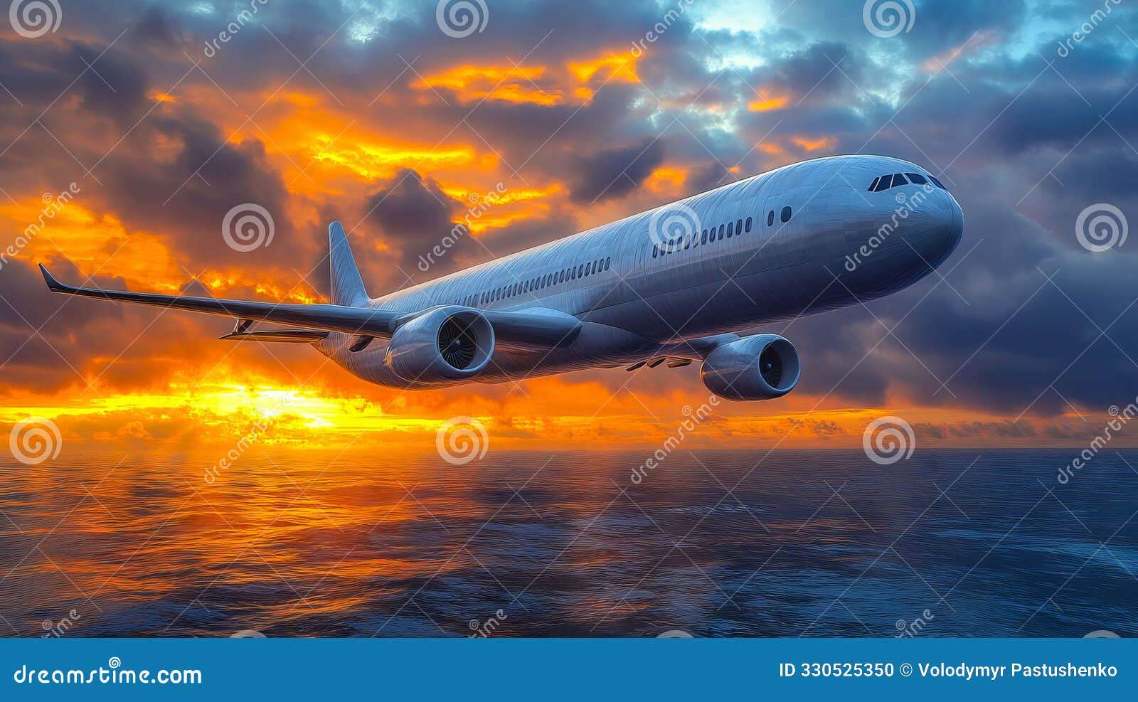 A Large Jetliner Flying Over the Ocean at Sunset Stock Photo - Image of ...