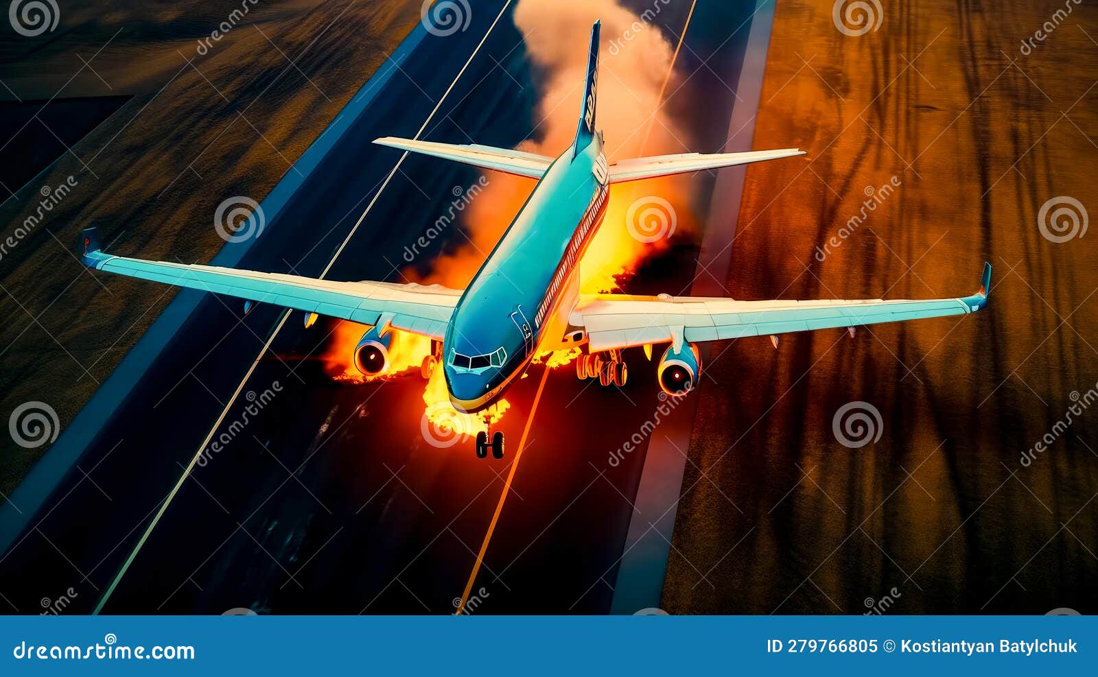 Large Jetliner Flying through Sky Next To Fire Filled Runway ...