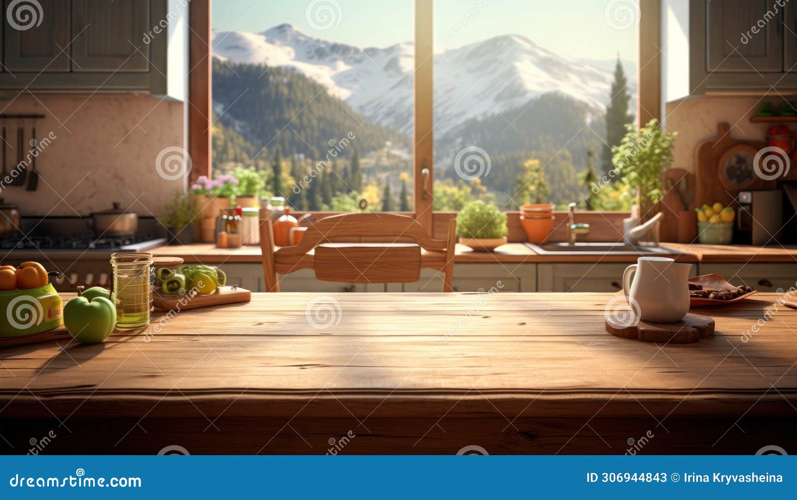 A Large Kitchen with a Wood Table in Front of a View Stock Image ...