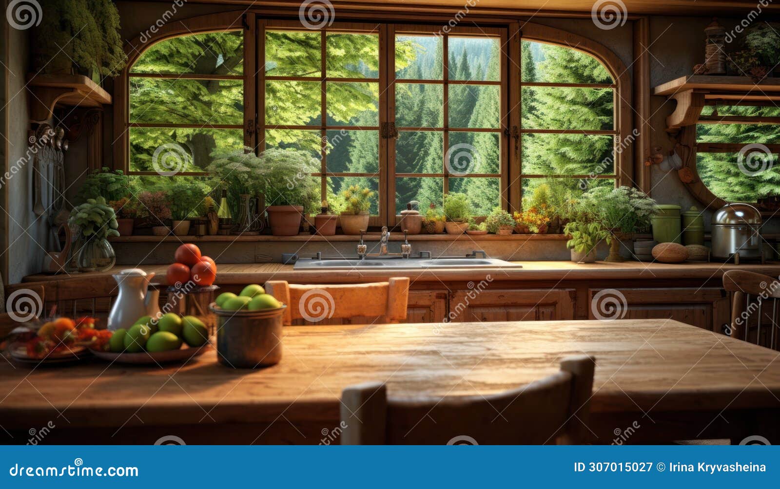 A Large Kitchen with a Wood Table in Front of a View Stock Image ...