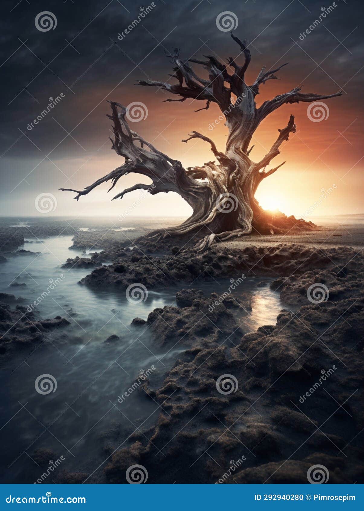 A Large Leafless Tree beside a Stream, AI Generated. Stock Photo ...