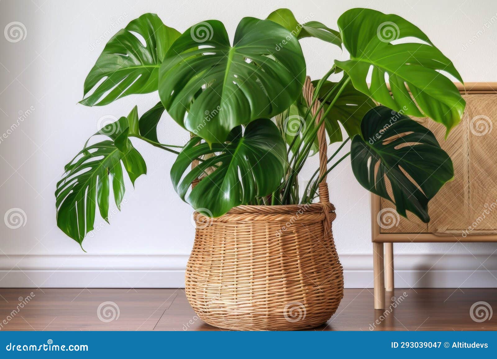 A Large Leafy Monstera Plant in a Woven Basket Stock Illustration ...