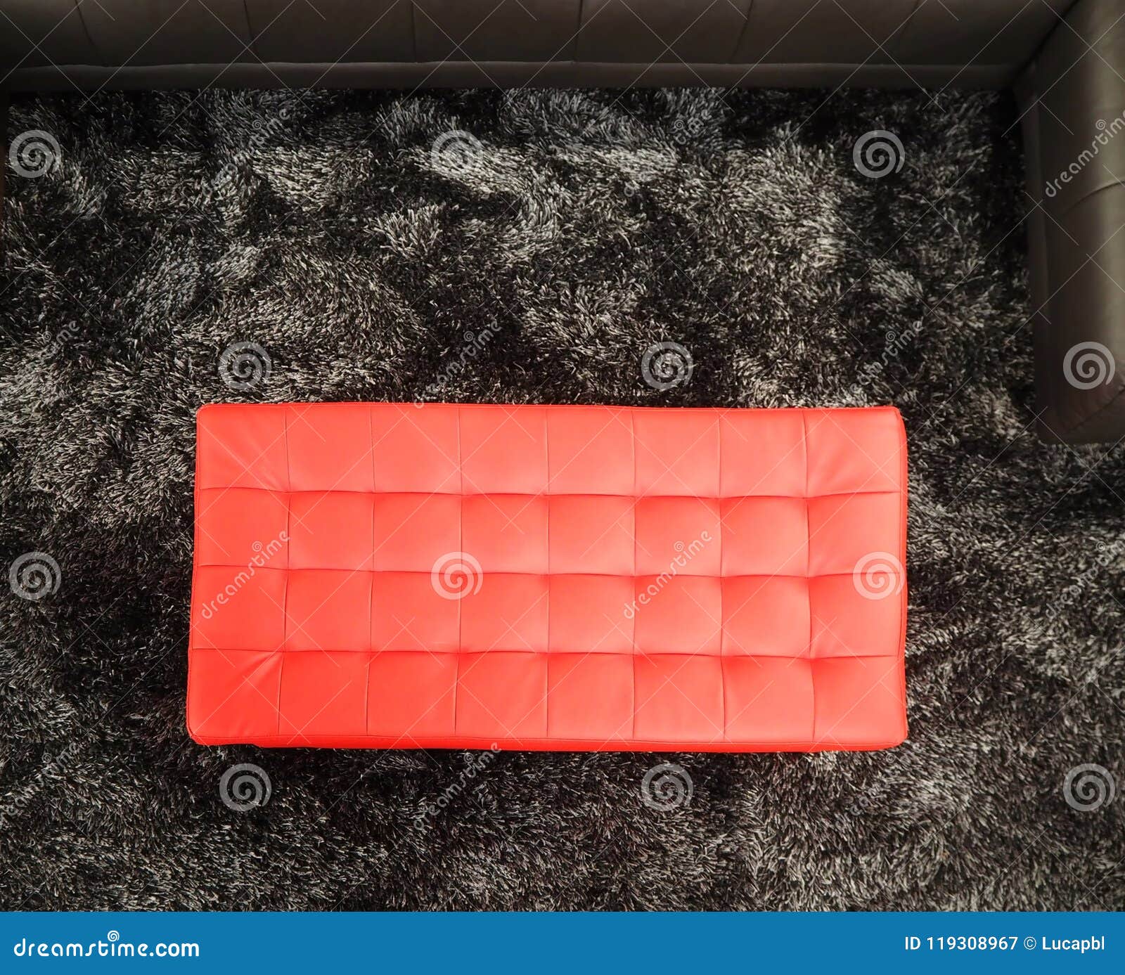 Large Leather Red Pouf of Rectangular Shape on a Black and Grey Carpet ...