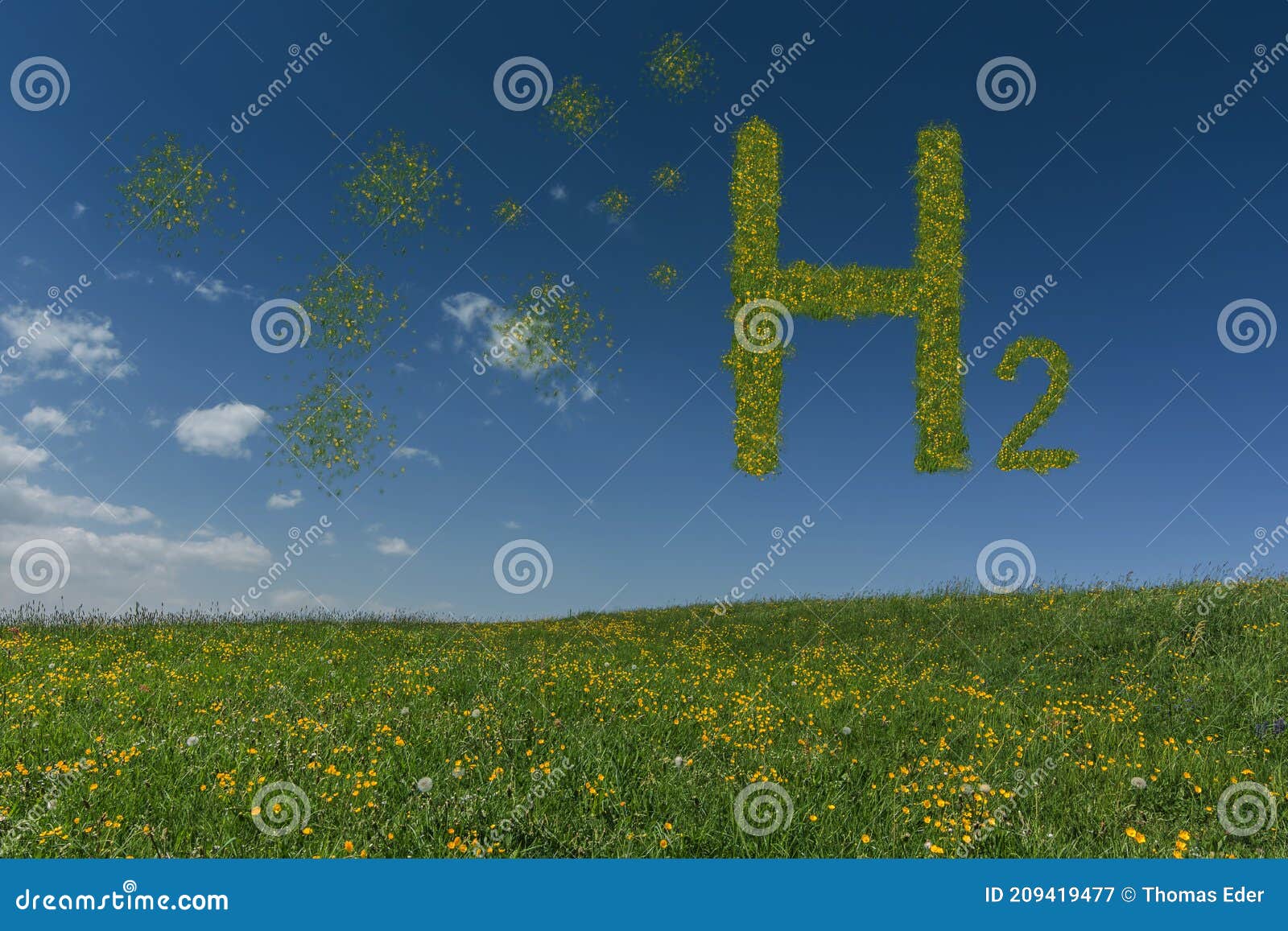 Large Letters with Grass Hydrogen H2 on Blue Sky and Green Spots Stock ...