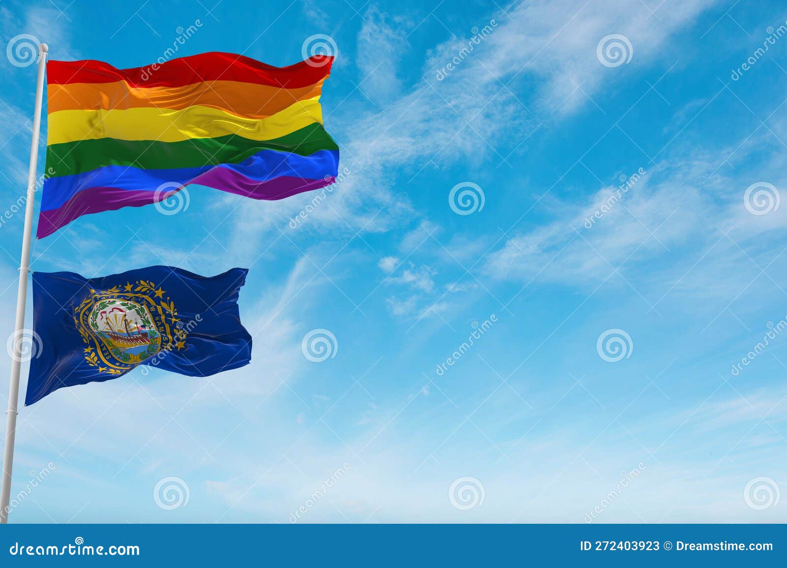 Large Lgbt Flag And Flag Of New Hampshire State Usa Waving In The Wind