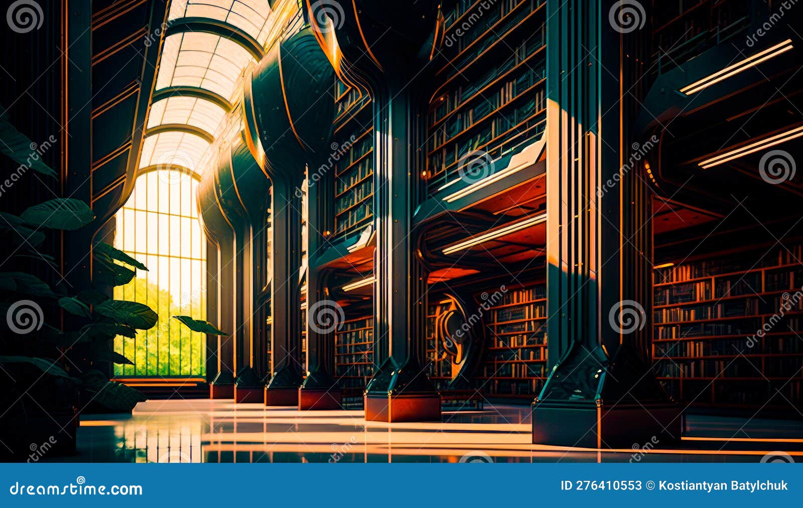 Large Library with Pool of Water in the Middle of the Room. Generative ...