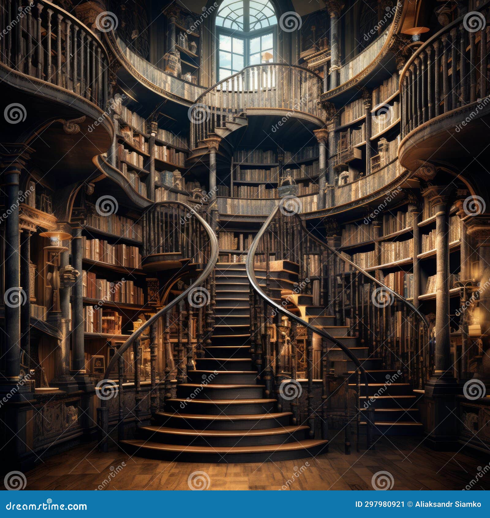 A Large Library with a Spiral Staircase Stock Illustration ...