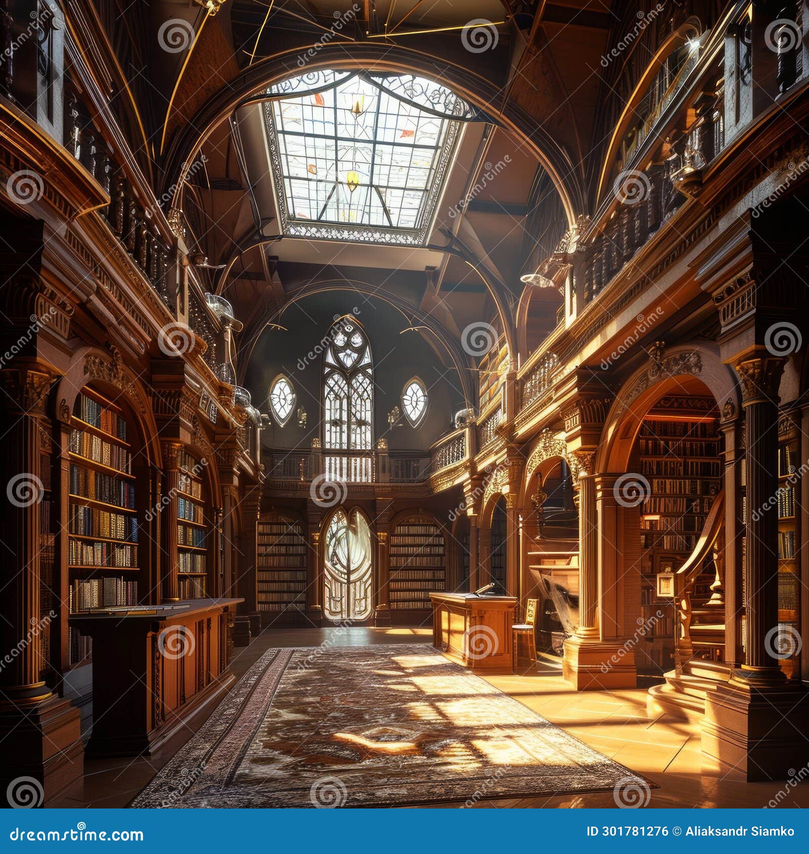 A Large Library with a Stained Glass Window Stock Illustration ...