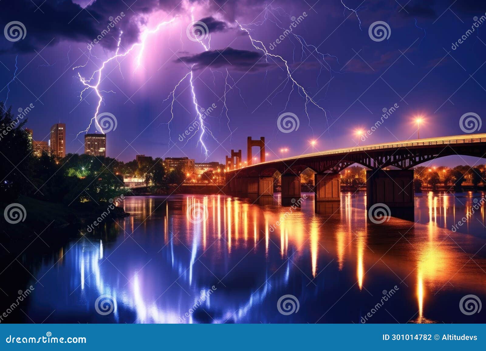 A Large Lightning Bolt Splitting the Night Sky Above a City Bridge ...