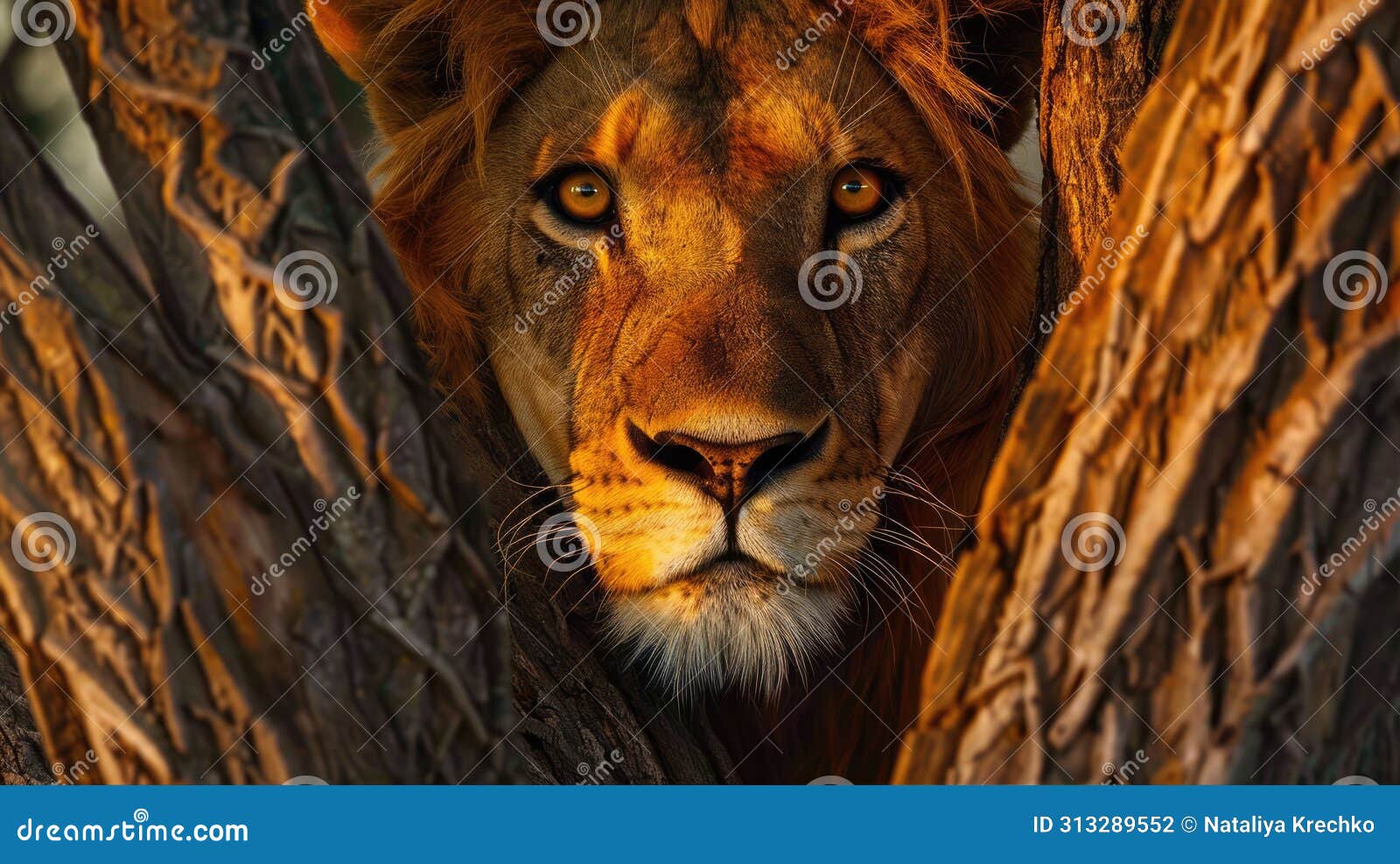 Large Lion Hiding in Branches and Leaves of a Big Tree. Stock Photo ...