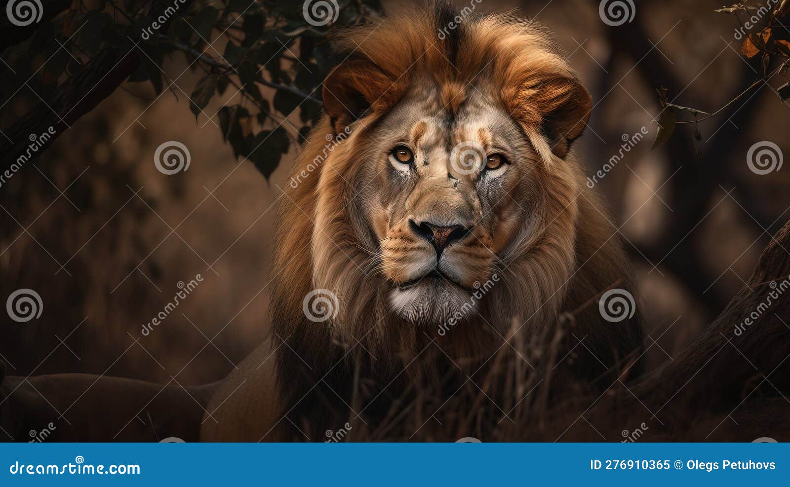 A Large Lion Standing in a Forest Next To a Tree with Leaves on it S ...