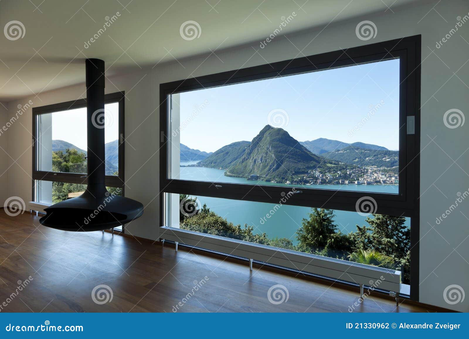 Large Living Room with Panoramic Window Stock Photo - Image of space ...