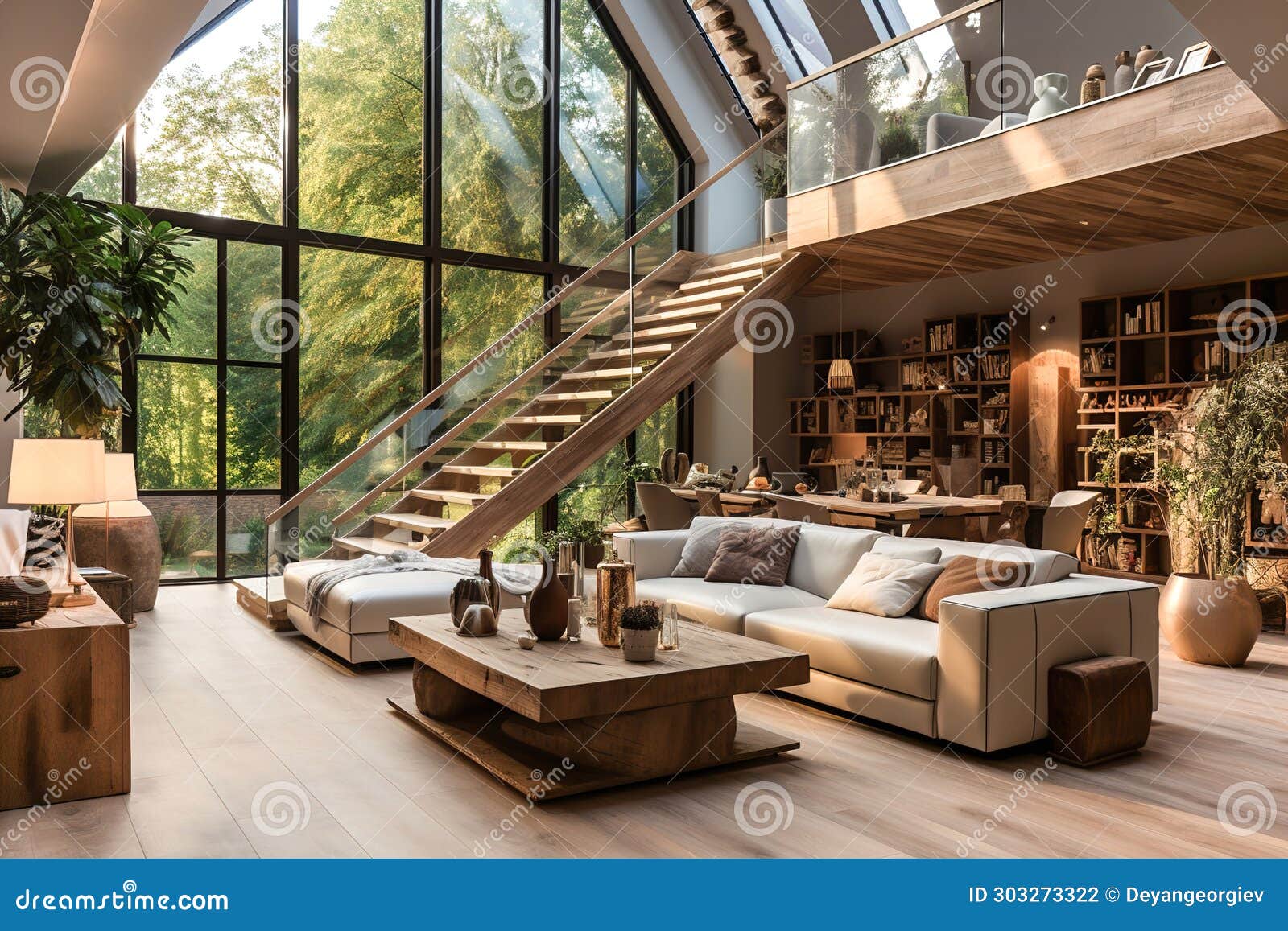 Large Living Room with Staircase, High Ceilings and a Huge Windows ...