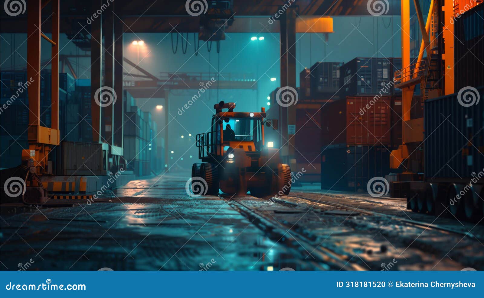A Large Loader Drives through the Warehouse at the Seaport at Night ...