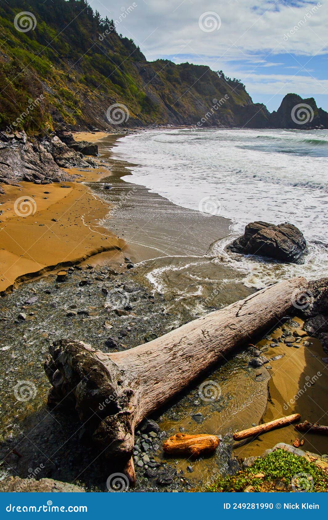 Large Log on Beach with Cliffs and Ocean Waves Stock Photo - Image of ...