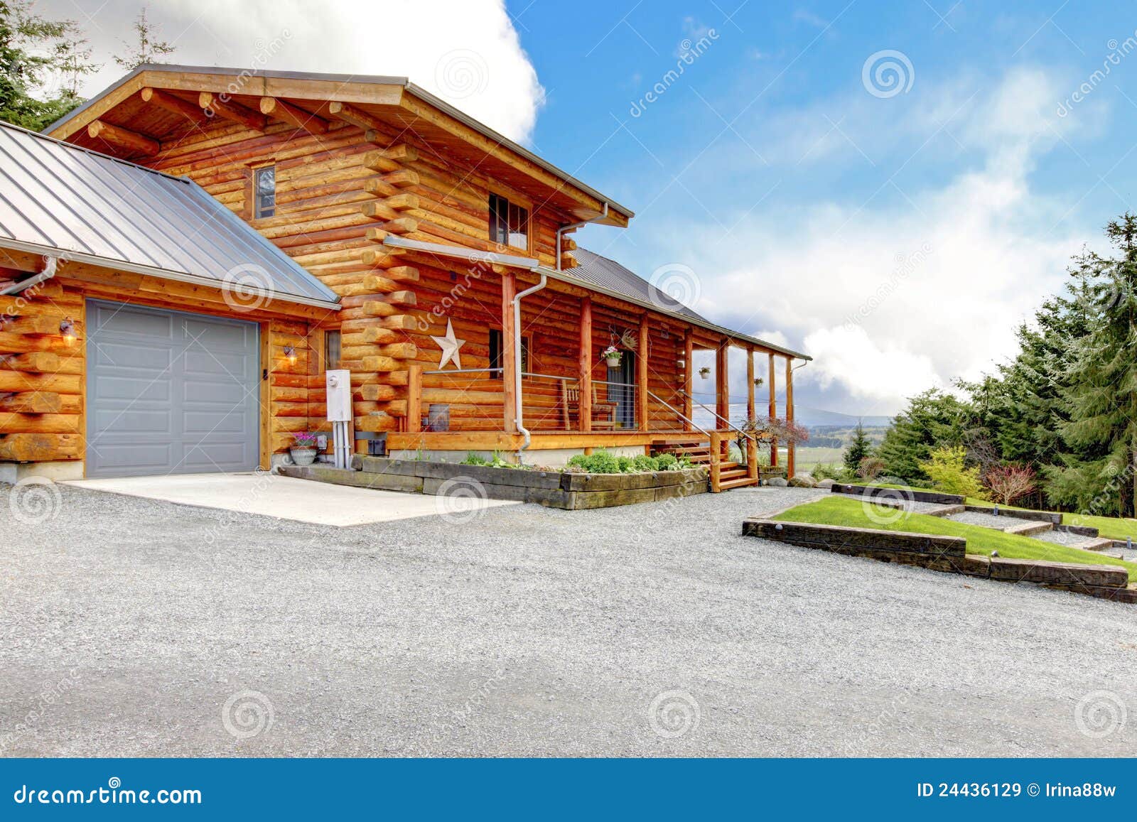 Large Log Cabin with Porch and Garage. Stock Image - Image of house ...