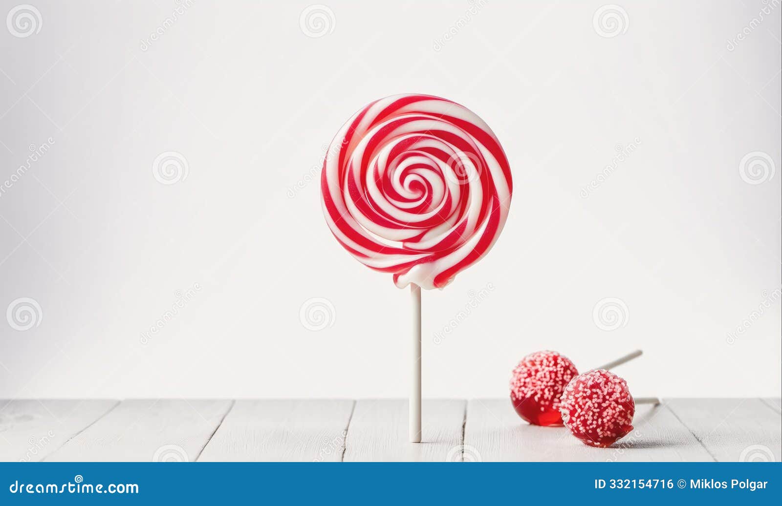 A Red and White Swirl Lollipop Stands Tall on a White Surface Stock ...