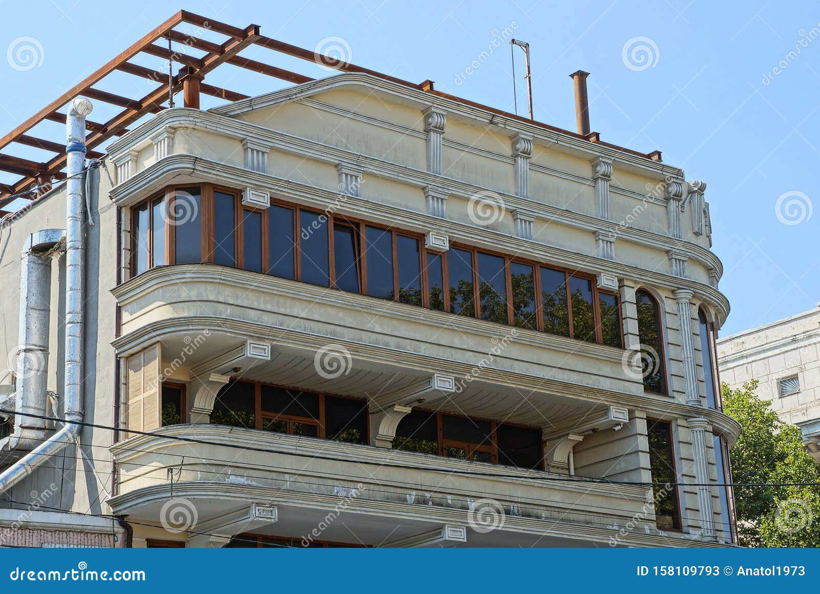 Large Long Balcony with Windows on the Gray Wall Stock Image - Image of ...