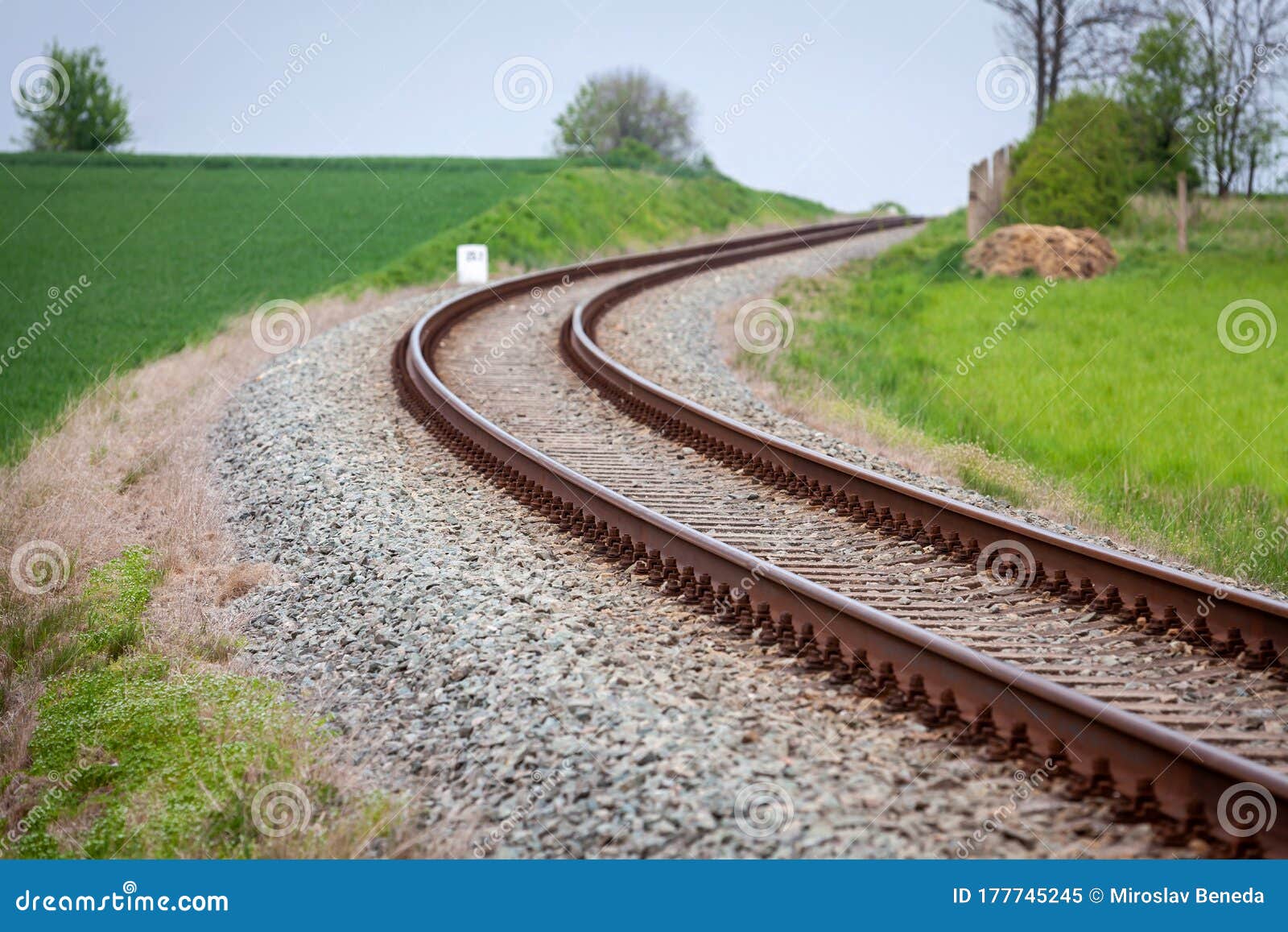 A Large Long Train on a Train Track with Trees in the Background Stock ...