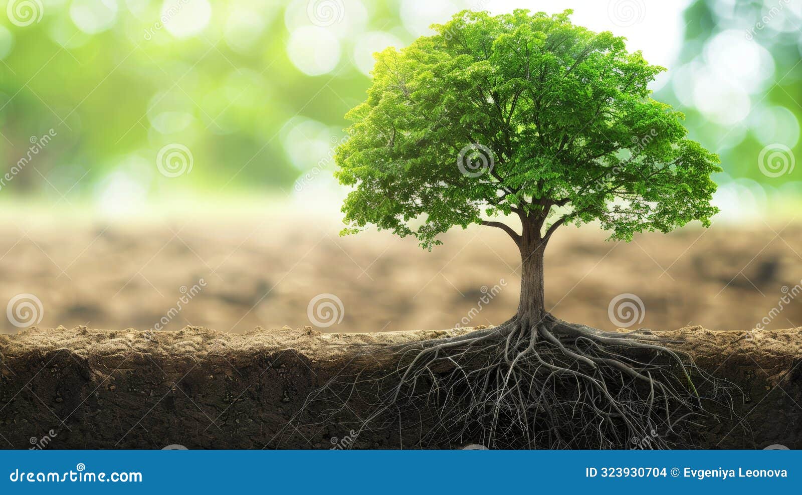 Large Lush Green Tree with Roots Visible Against Empty Background ...