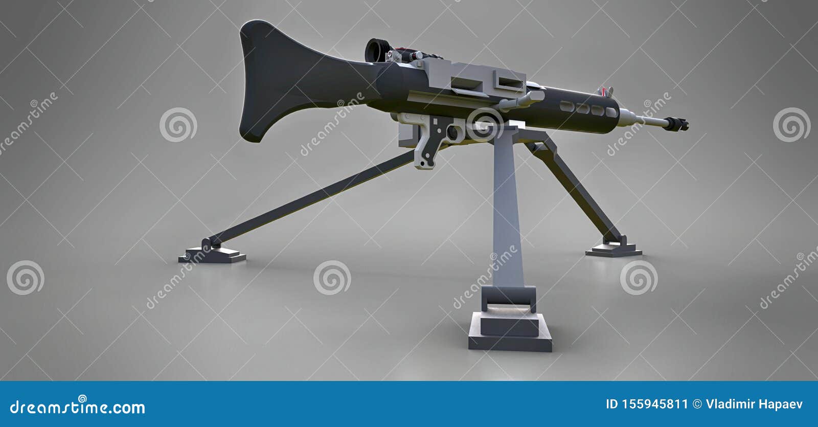 Large Machine Gun on a Tripod with a Full Cassette Ammunition on a Grey ...