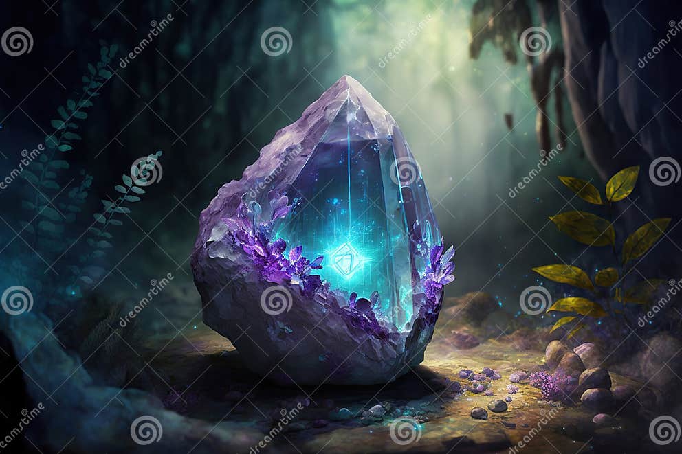 Large Magic Amethyst Magic Crystal Glows in the Dark in the Forest ...