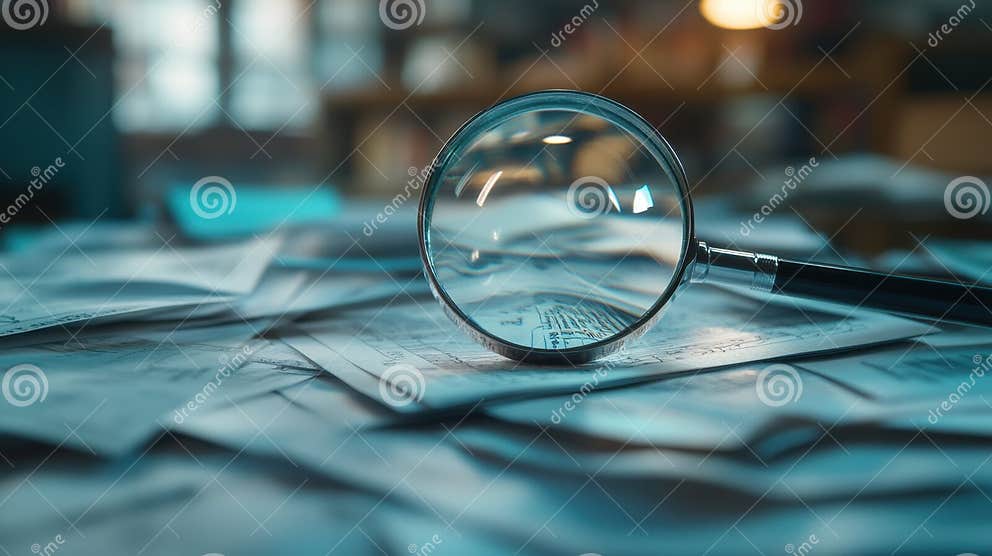 A Large Magnifying Glass is Positioned on Top of a Stack of Papers ...