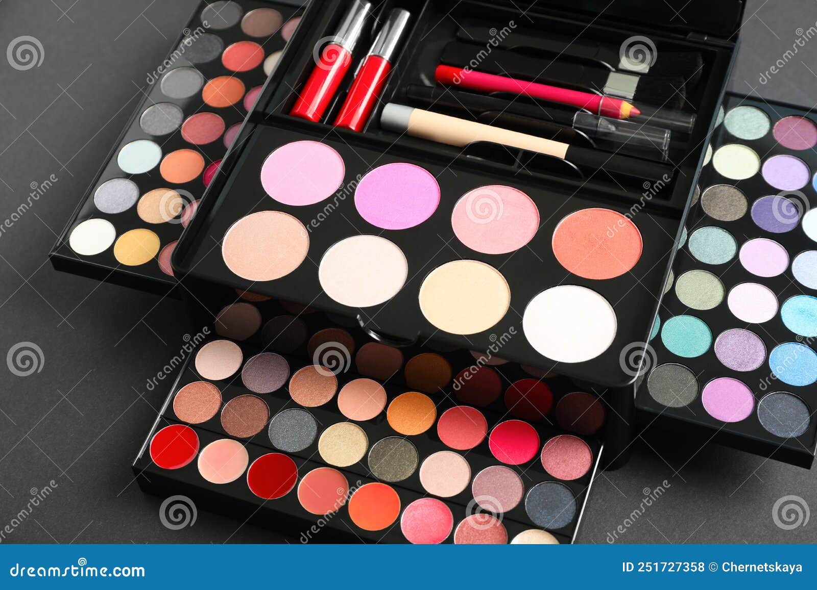 Large Makeup Case with Different Decorative Cosmetics on Dark ...