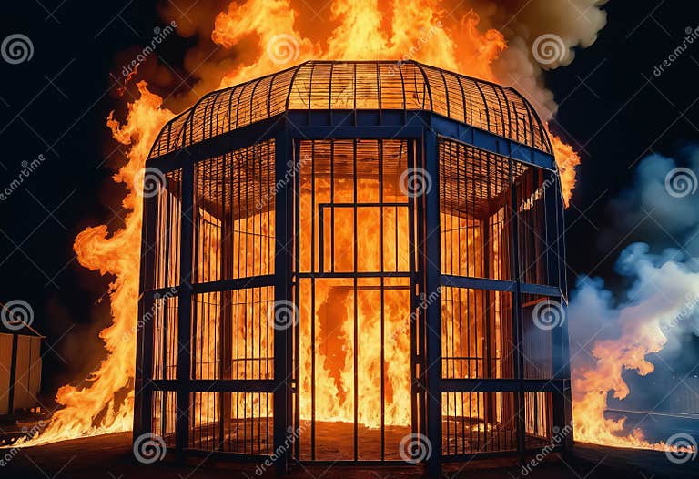 A Large Metal Cage or Cage-like Structure Engulfed in Flames Stock ...