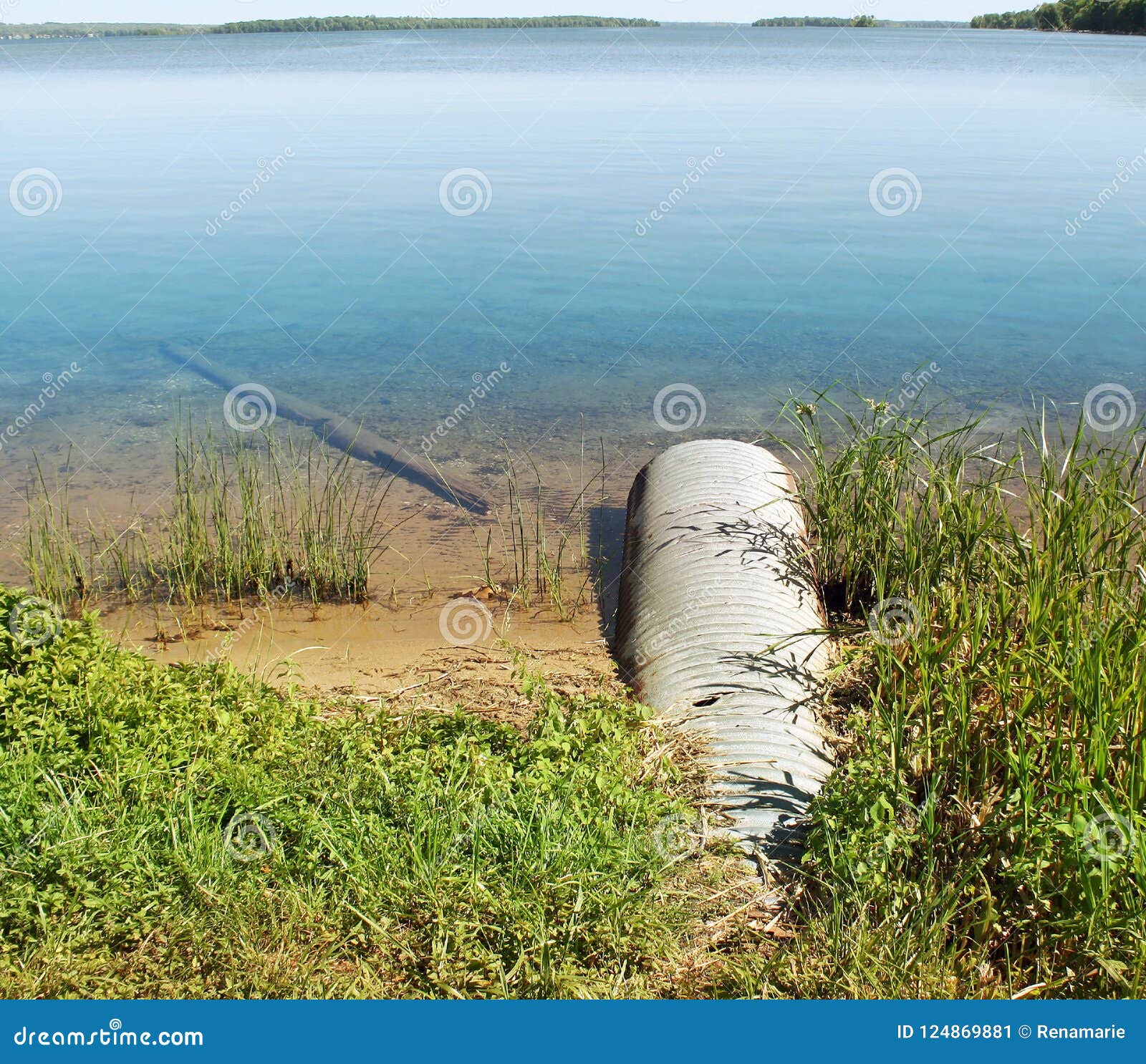 Large Metal Drain Pipe Going into a Beautiful Blue Lake Stock Image ...