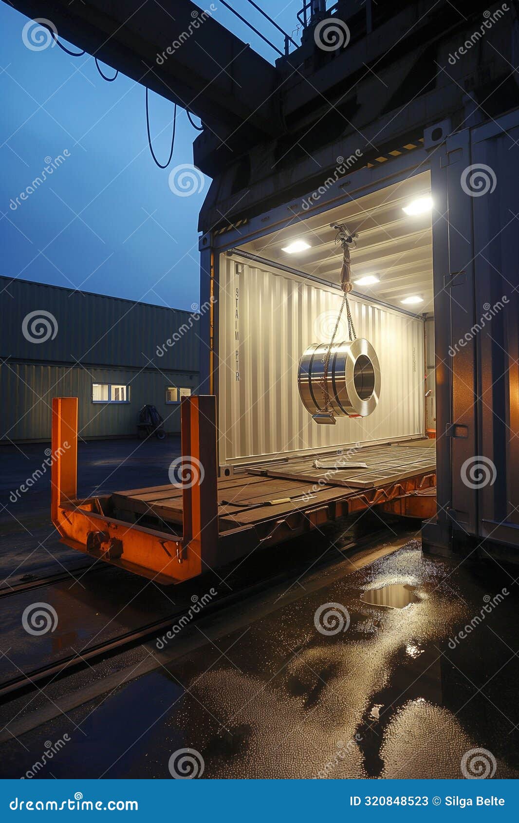 A Large Metal Tank is Loaded into a Freight Container on a Wet Evening ...