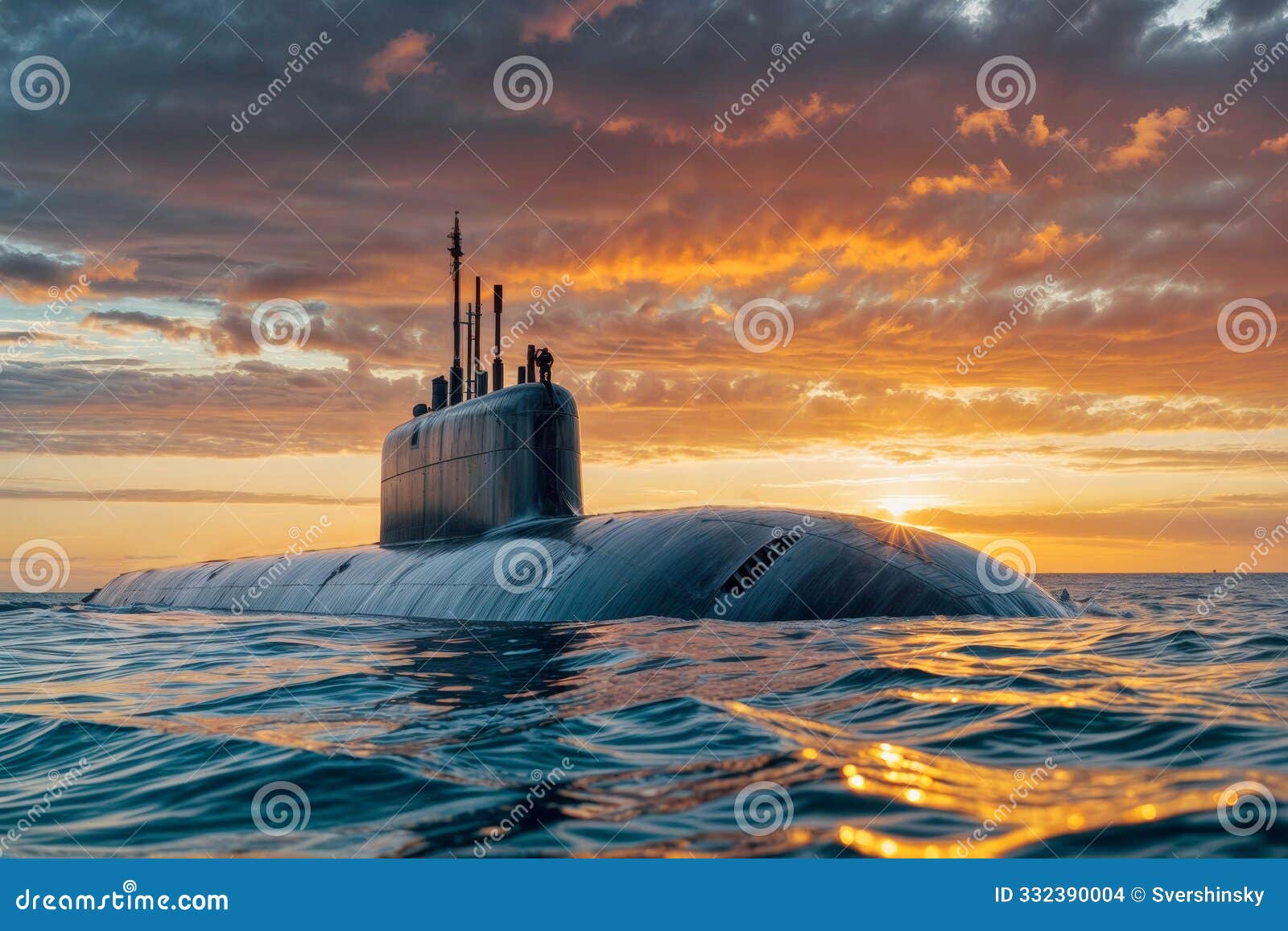 A Large Military Submarine is Floating in the Ocean with the Sun Stock ...
