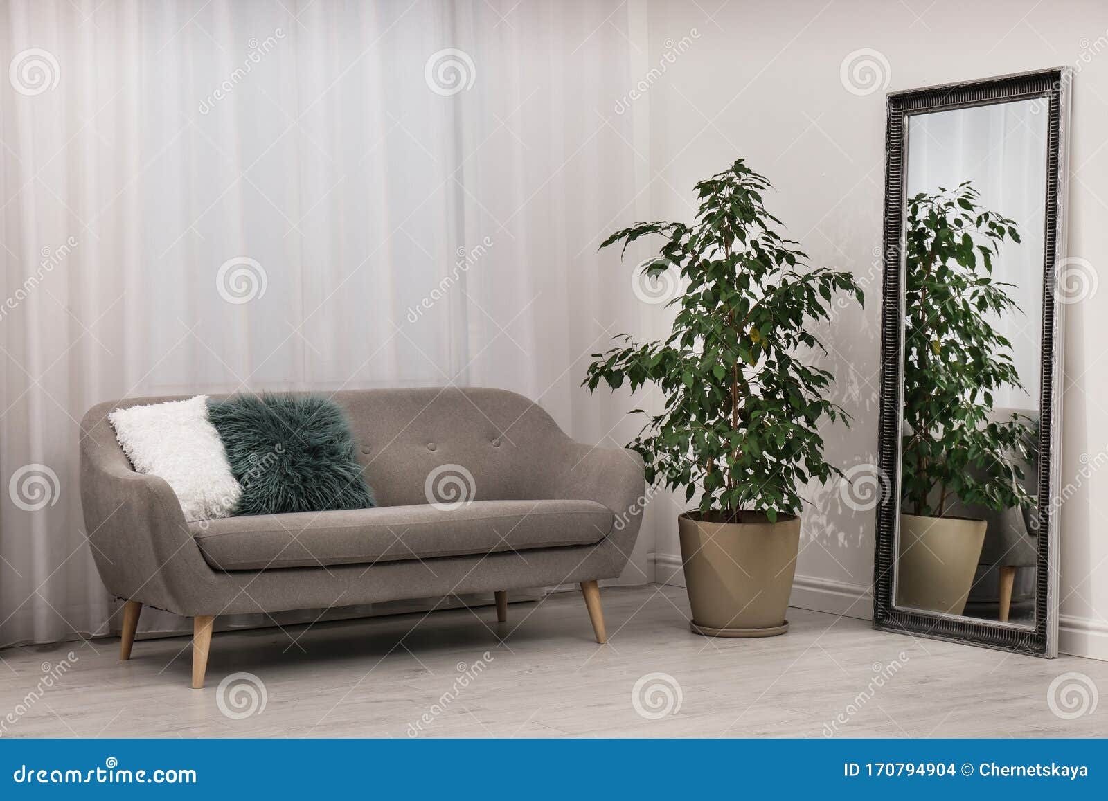 Large Mirror and Comfortable Sofa in Living Room Stock Photo - Image of ...