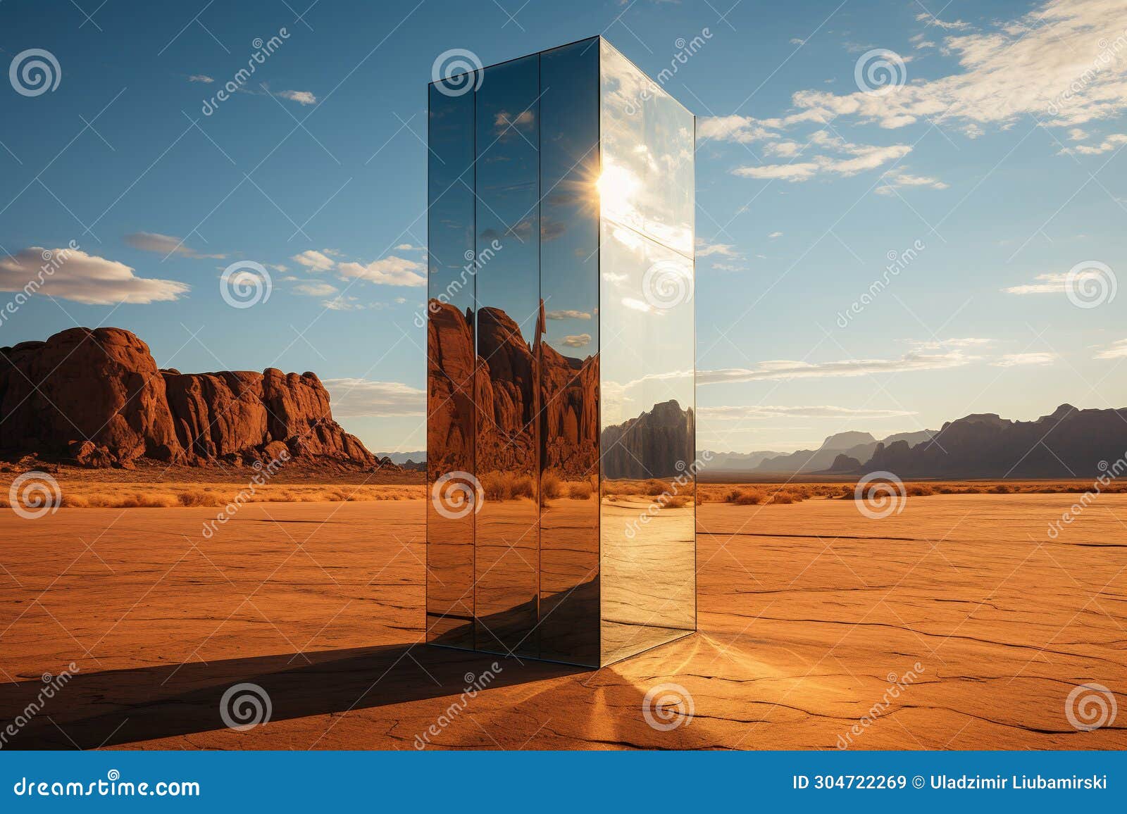 Large Mirror in the Desert with Reflection. Generated by Artificial ...