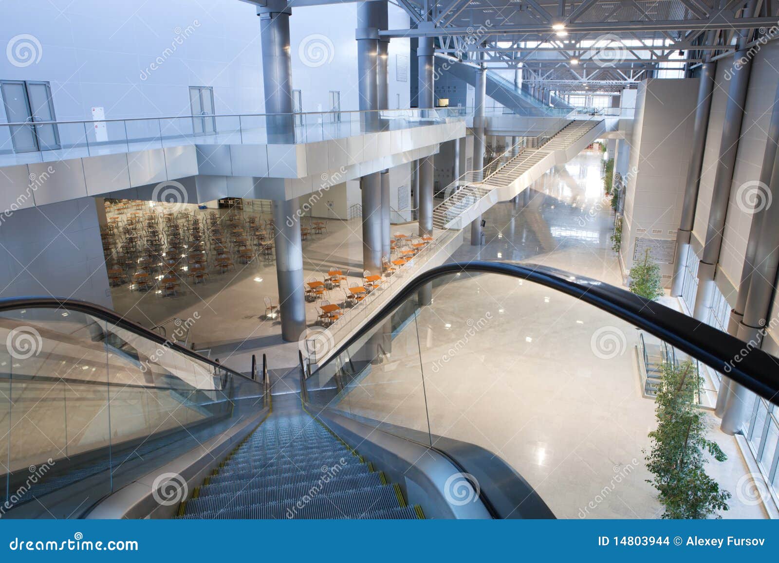 Large Modern Building Interior Stock Photo - Image of escalator, blue ...