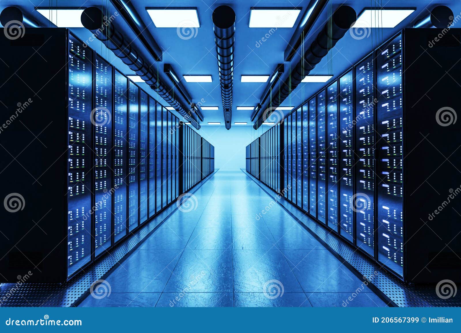 Large Modern Data Center with Multiple Rows of Server Racks, 3D ...