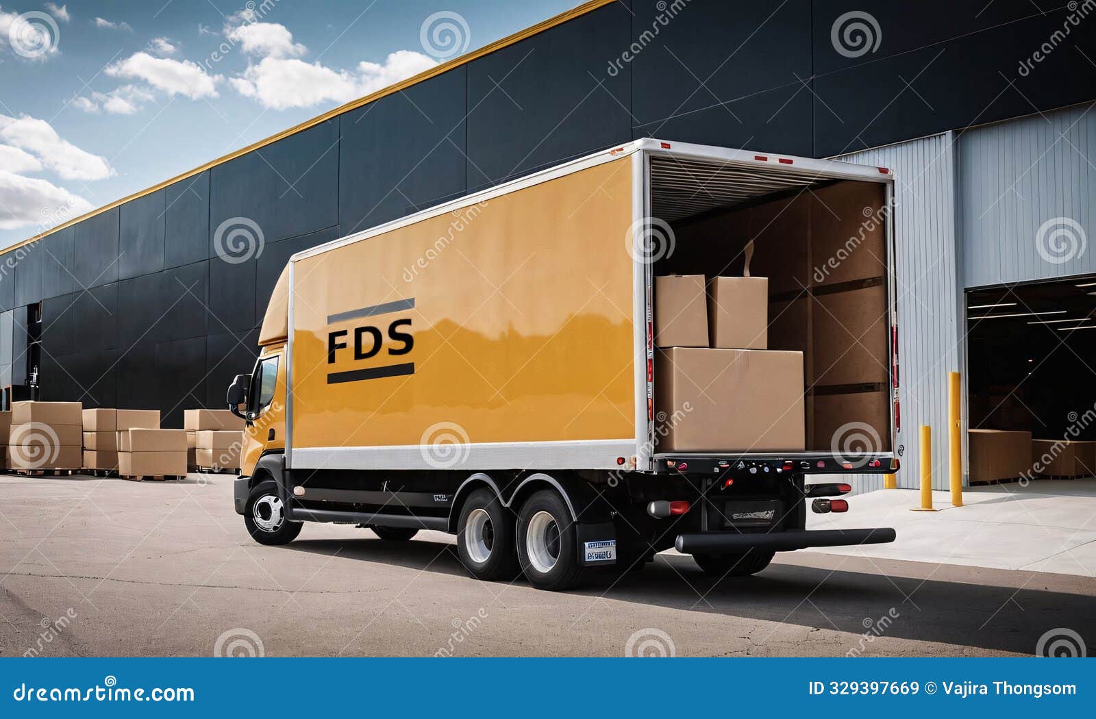 A Large Modern Delivery Truck in the Process of Being Loaded with ...