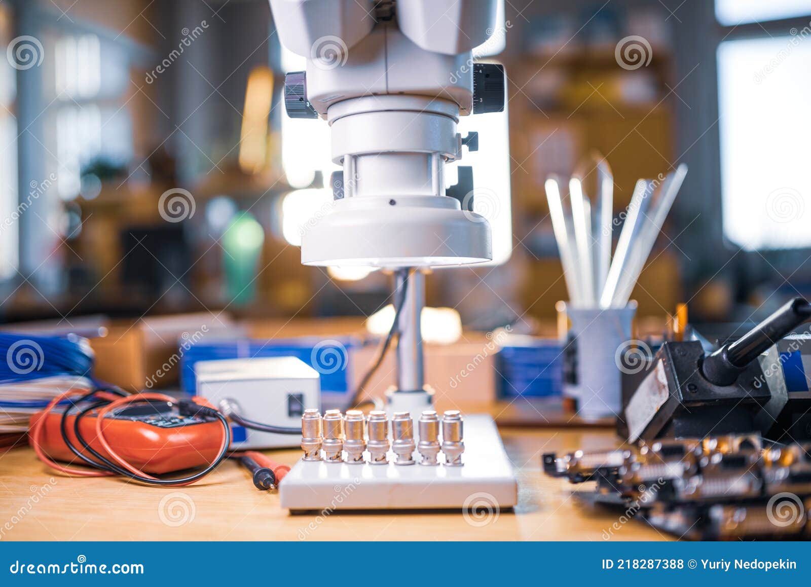 Modern Microscope, Connectors Component and Large Green Microcircuit in ...