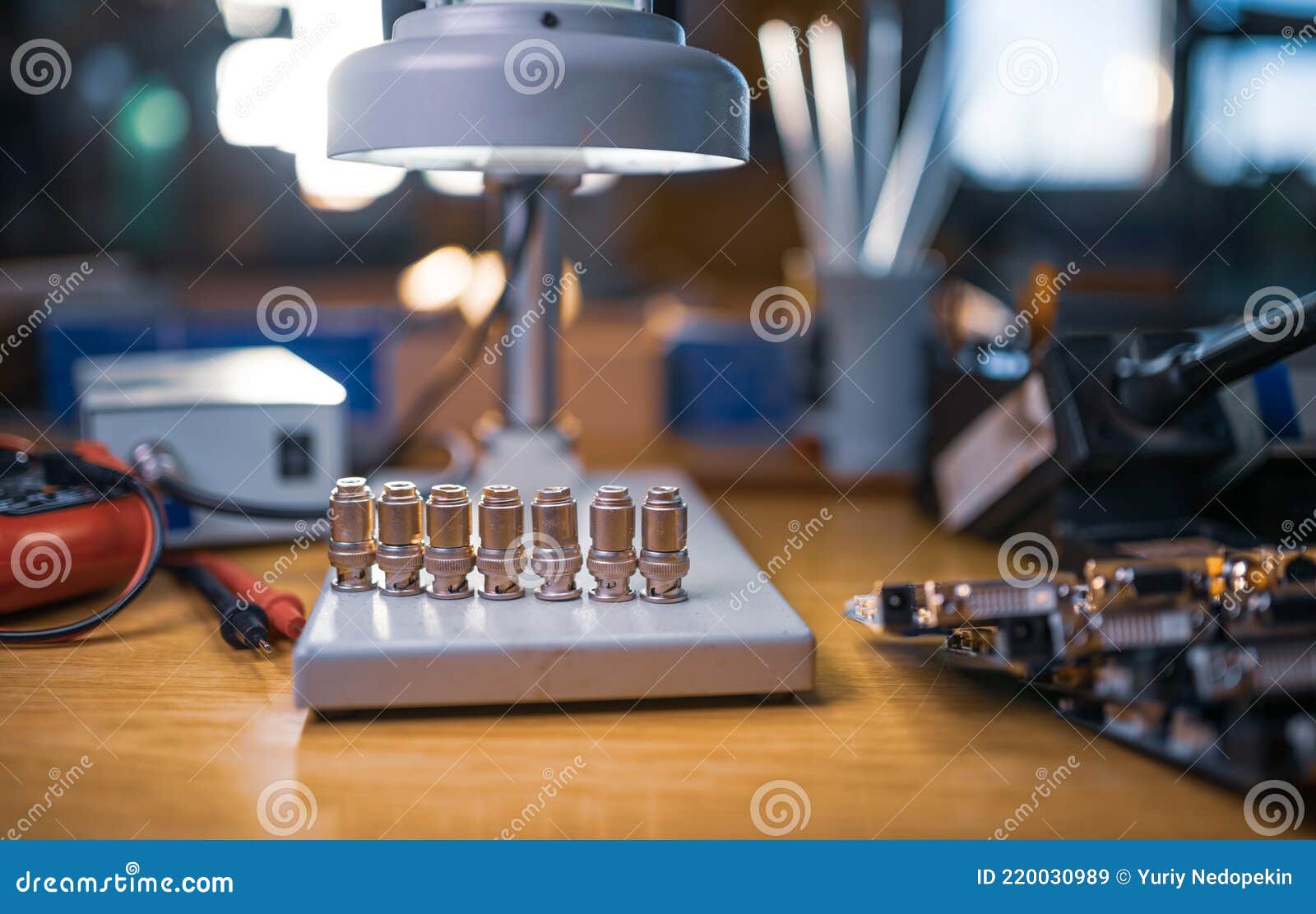 Modern Microscope, Connectors Component and Large Green Microcircuit in ...