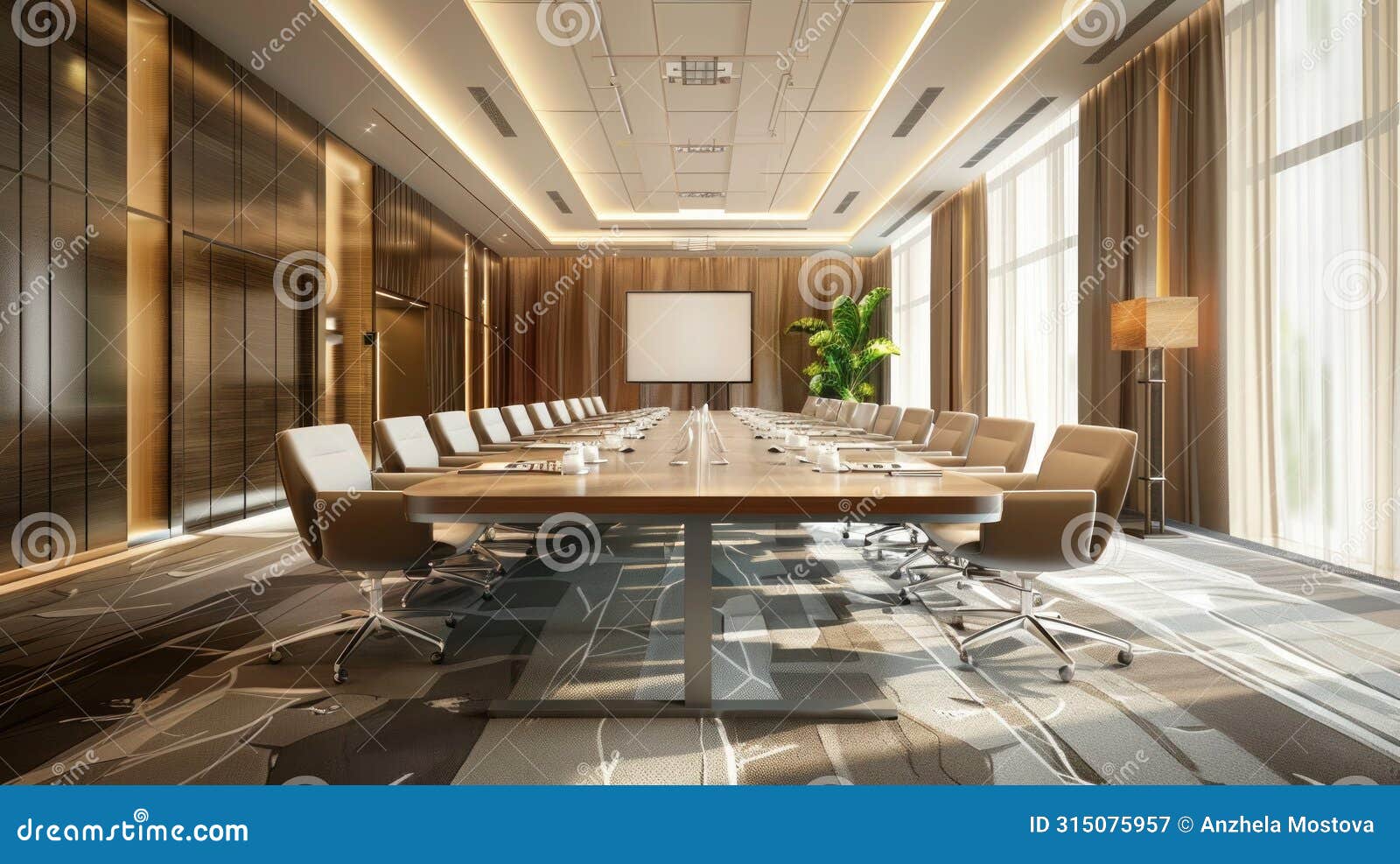 Large Modern Hotel Conference Room with High-tech Equipment, Long Table ...