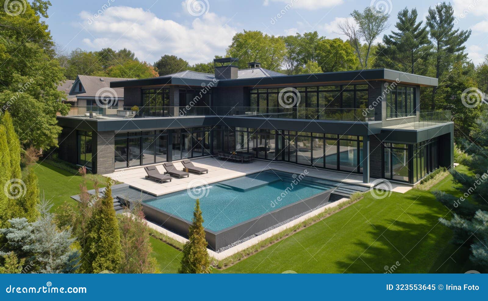 Large Modern House with Pool, Surrounded by Green Landscaping. Stock ...